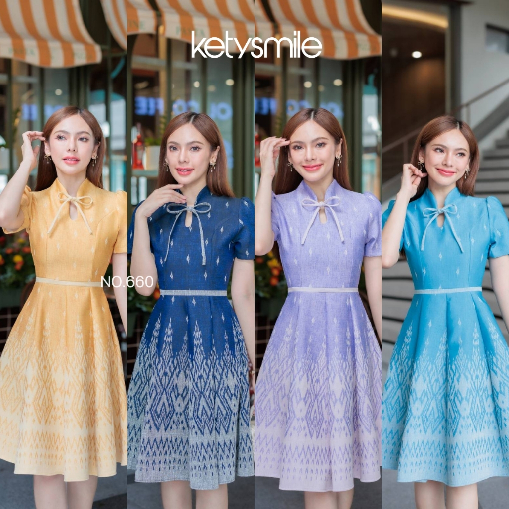 Kety Smile ชุดเดรสผ้าทอลายคอปีน ผูกโบว์ แต่งขอบเอว กระโปรงทรงย้วย 8 ชิ้น อัดกาวทั้งชุด (S-2XL ...