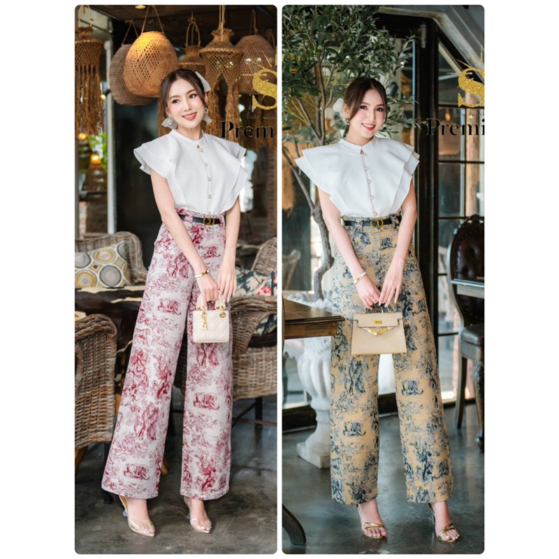 Lady Sunshine S 3xl ชุดเซ็ทกางเกงผ้าทอลายสวย เสื้อขาวแต่งระบาย 2 ชั้น