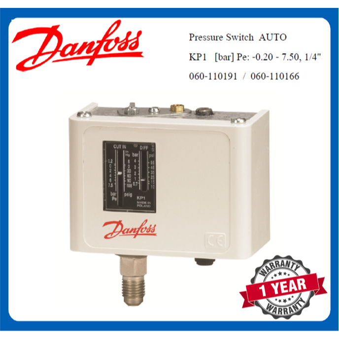 KP1 (AUTO), -0.2/+7.5 bar,Pressure Switch Danfoss,060-110191,เพรสเชอร์สวิทช์ สวิตช์แรงดัน แดน ...