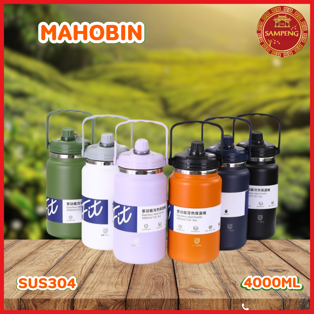 MAHOBINกระติกน้ำกระบอกน้ำเก็บอุณหภูมิความร้อน-เย็นขนาดใหญ่ขนาด4000ml.สแตนเลส304 พร้อมหูหิ้ว+หลอด ...