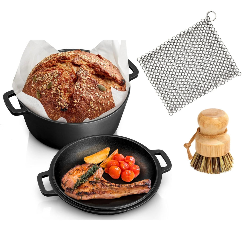 26 cm /5L Cast Iron Pot with Frying Pan, 2in1 Dutch Oven Large - 5L ...