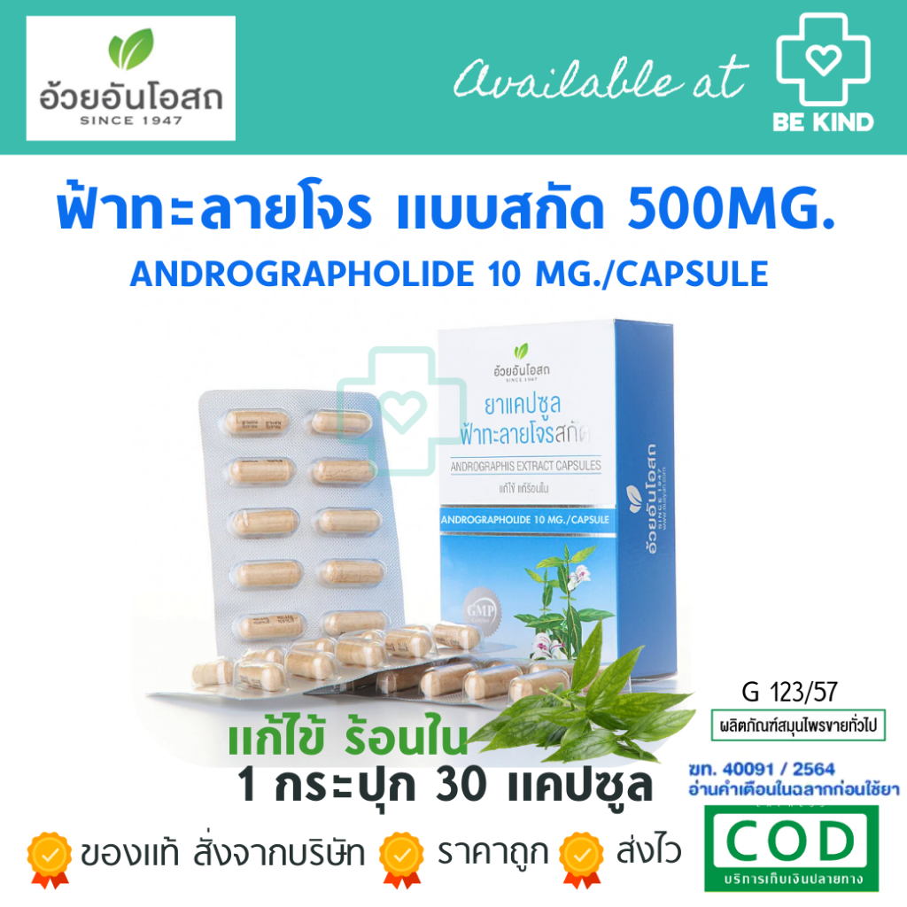 ฟ้าทะลายโจรสกัด แบบกล่อง 30 แคปซูล (Andrographolide 10 มก) อ้วยอันโอสถ | Shopee Thailand