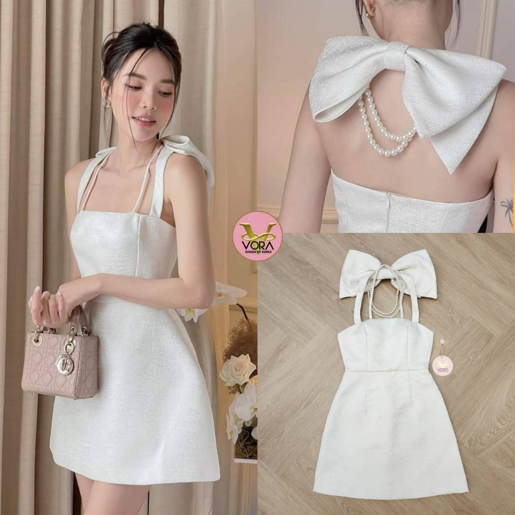 VORA Dress สั้น สายเดี่ยวคล้องคอ ด้านหลังแต่งโบว์ใหญ่และสร้อยไข่มุกสวยมากค่ะ | Shopee Thailand