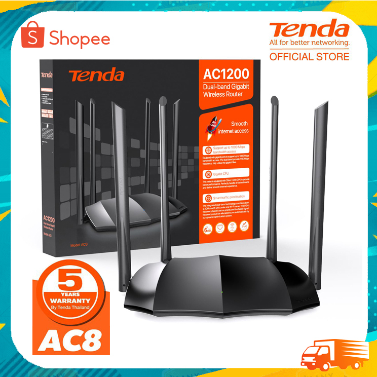 Tenda AC8 Gigabit Router Dual Band AC1200 WIFI 4 เสา 6dBi. | Shopee ...