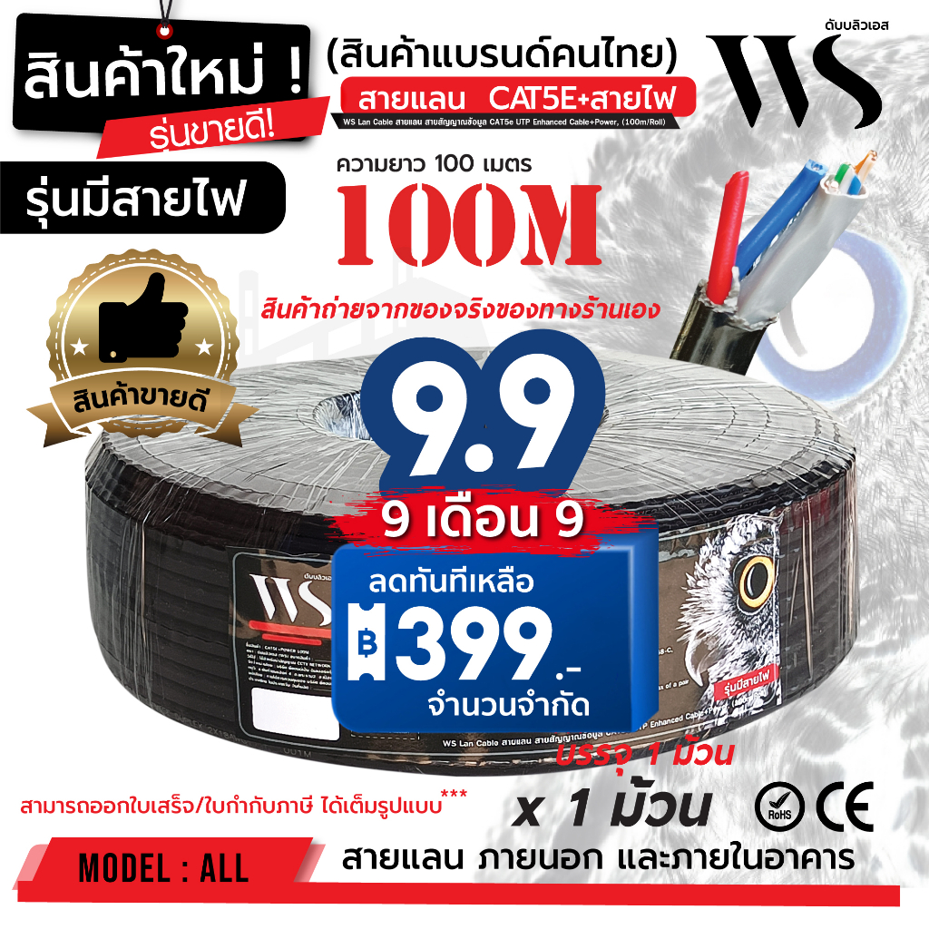 สินค้าใหม่ ขายดี! CAT5E+POWER 100m Outdoor ยี่ห้อ WS แคท5อี + สายไฟ ...