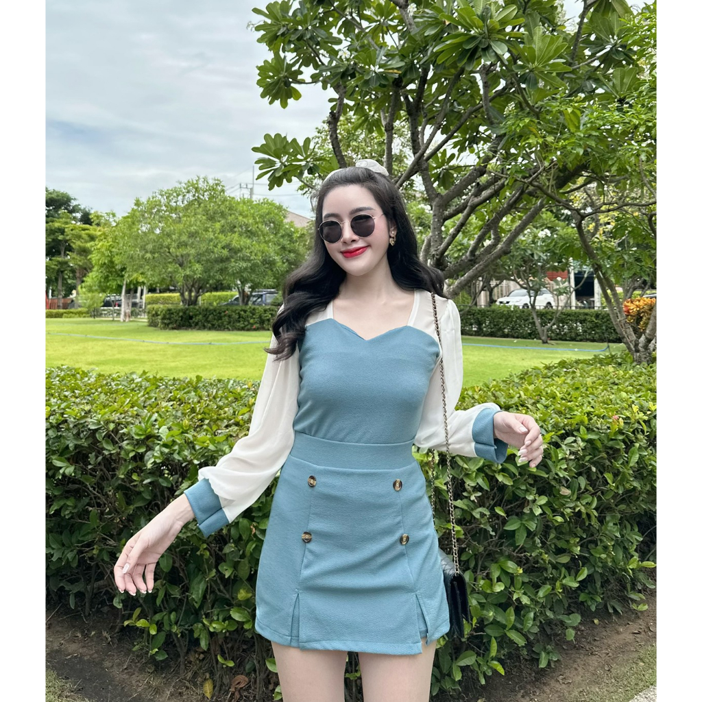 ชุดเซตผ้าวูลเวฟ เสื้อแขนยาวผ้าซีฟองอกทรงหัวใจ+กางเกงกระโปรงแต่งกระดุมไม้ (F72,F73) A2083 ...