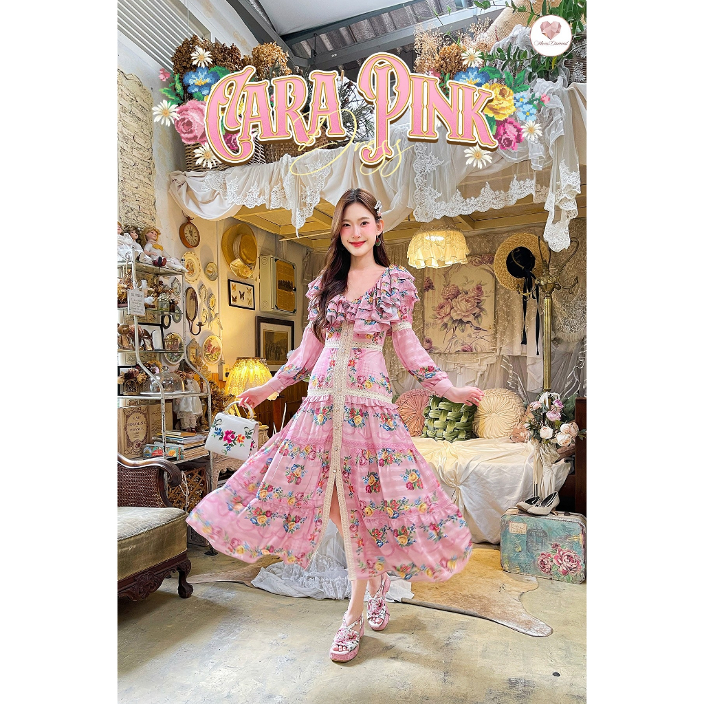 (เผื่อ 1 ไซส์) Cara Pink Dress เดรสยาวพิมพ์ลาย สวยหวานสไตล์วินเทจ ซิป ...