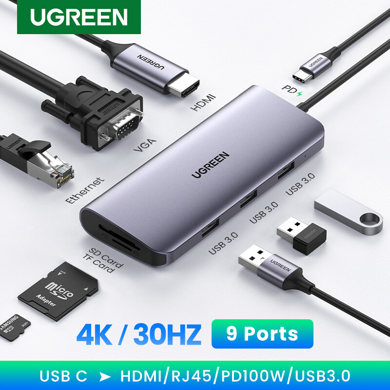 UGREEN 40873 Adapter Hub 9-in-1 USB-C 3.1 to HDMI 4K, VGA 1080P, Card ...