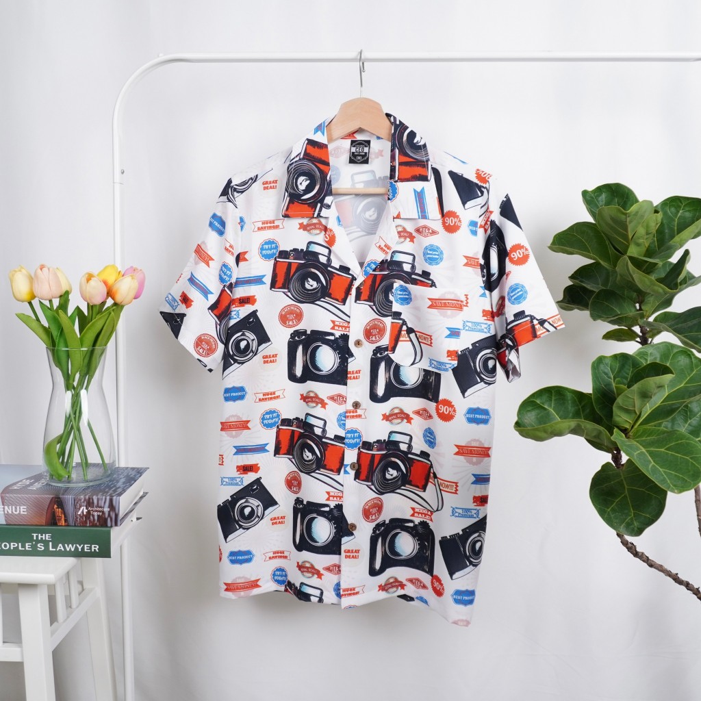 เสื้อฮาวาย ผ้าไหมอิตาลี ลายกล้อง รหัส C143 | Shopee Thailand