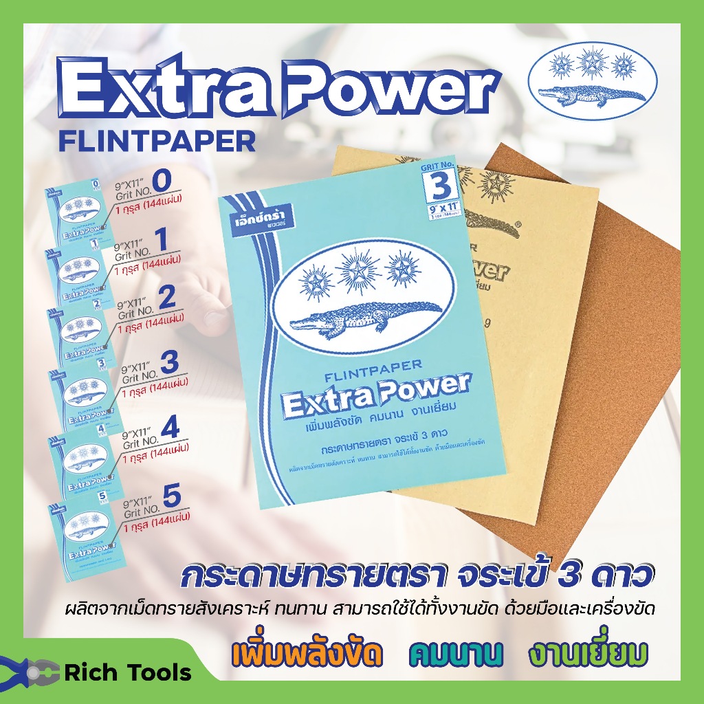 กระดาษทรายขัดไม้ตราจระเข้ ExtraPower เบอร์ 0-5 รุ่นเอ็กซ์ตร้าพาวเวอร์ เพิ่มพลังขัด (144แผ่น) งาน ...