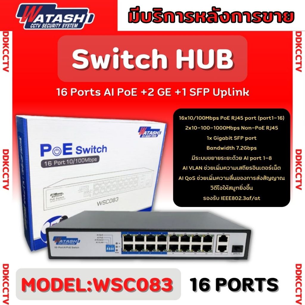 Watashi HUB POE 16ช่อง+2 รุ่น WSC083 Switch Hub 16 Port AI PoE + 2 Port ...