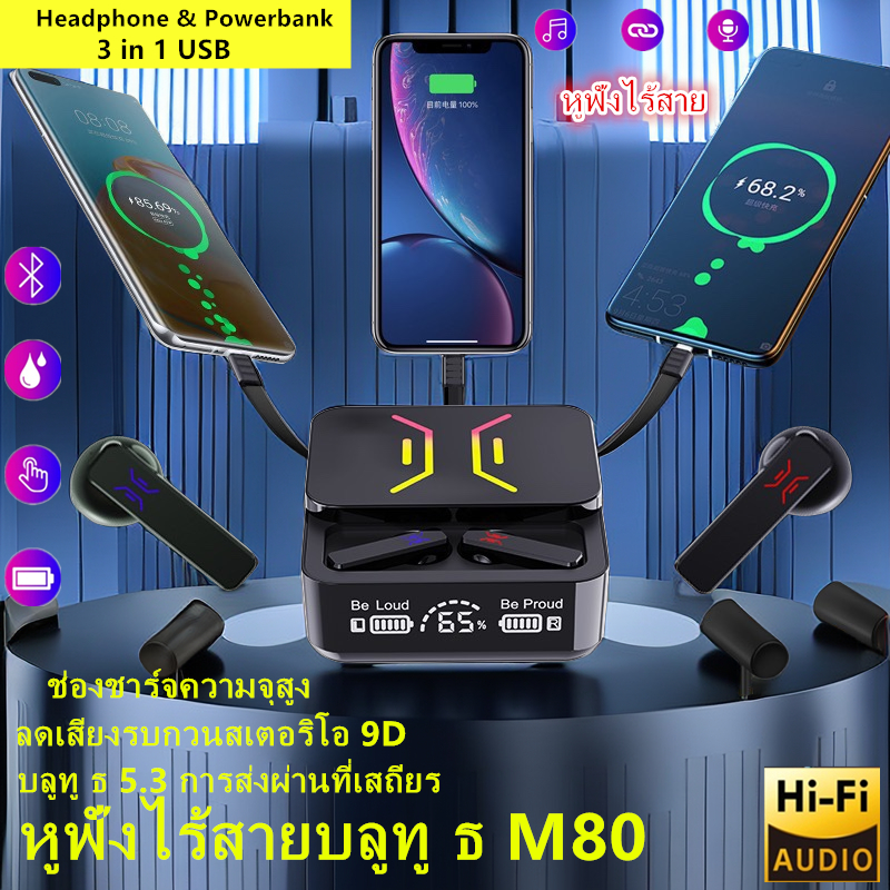 NEWหูฟังไร้สายบลูทูธ หูฟัง TWS-M80 Touch Control จอแสดงผล LED เสียงใส ...