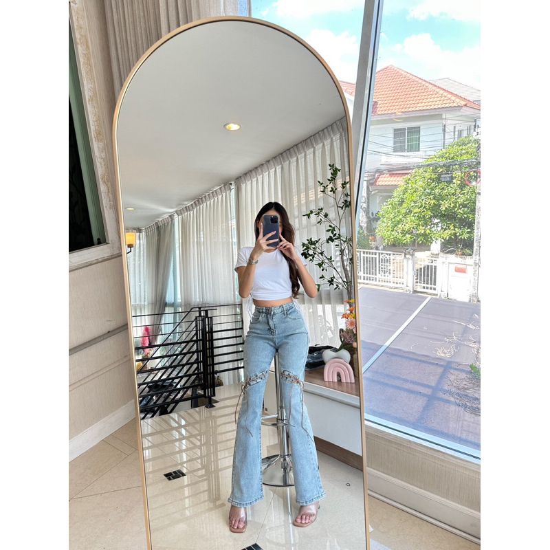 กางเกงยีนส์ขาม้าเล็กสีนัว เอวสูง B386 ผ้ายืด | Shopee Thailand