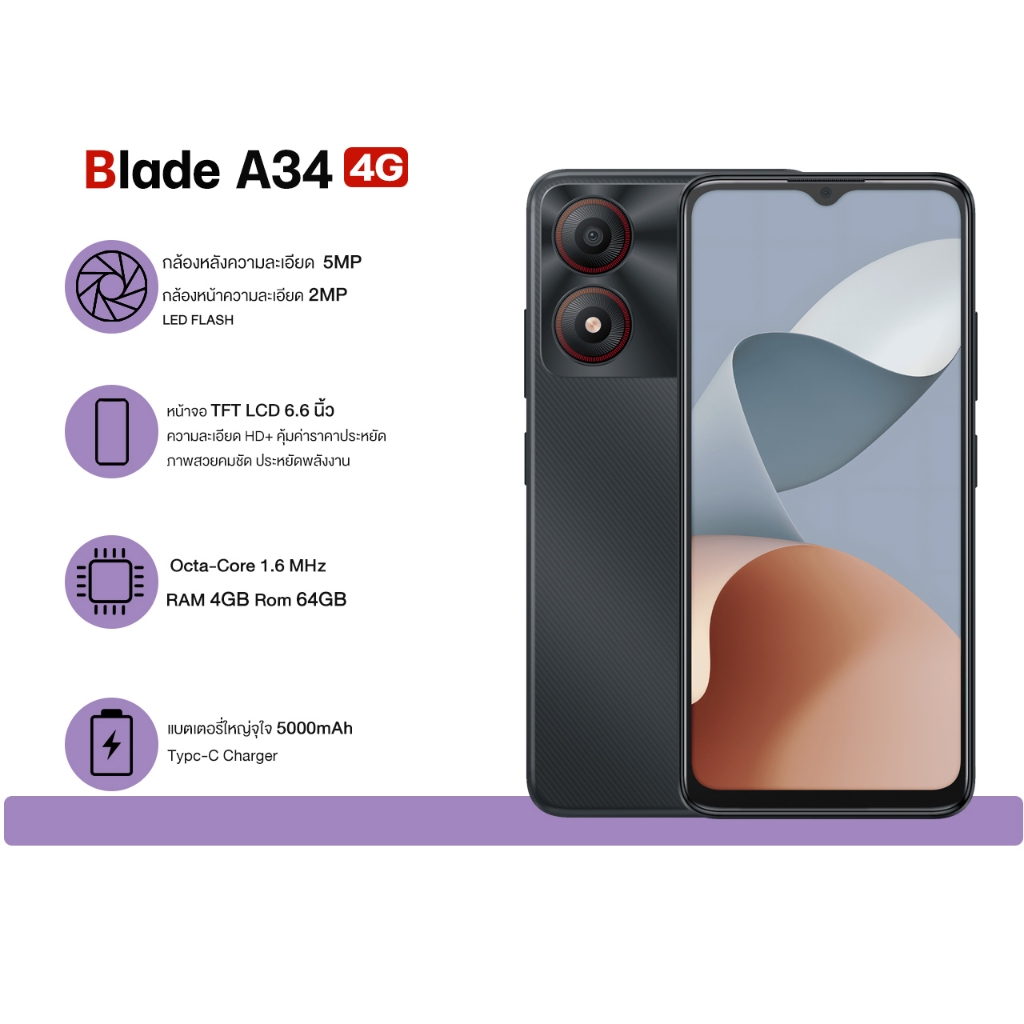 ZTE Blade A34 จอ 6.6นิ้ว Ram 4GB Rom 64GB ประกันศูนย์ไทย 18เดือน ...