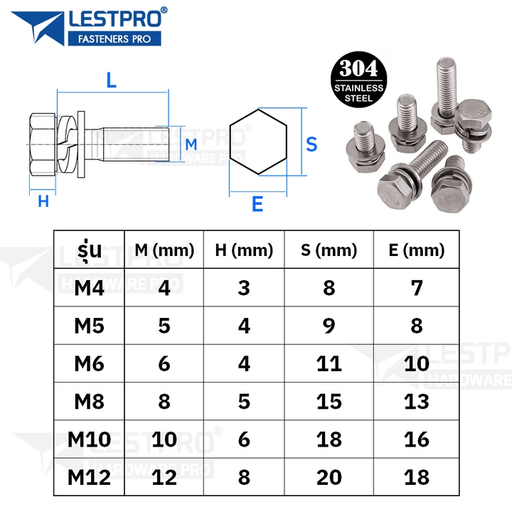 น็อต สแตนเลส 304 หกเหลี่ยม ติดแหวนสปริง M4 M5 M6 M8 M10 M12 ติดแหวนอีแปะ ติดแหวนสปริง GB9074.17 ...