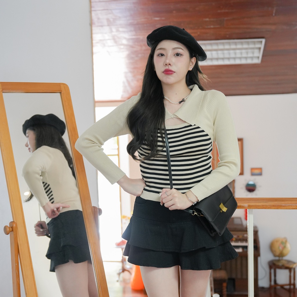 DAILYLOOK.SM --- Time top เสื้อคอปกลายทางเอิร์ธโทน | Shopee Thailand