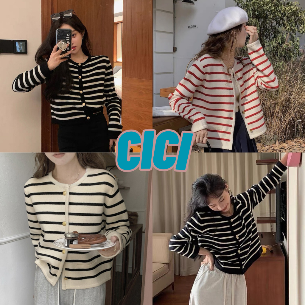 Cici(NO.A1262)เสื้อไหมพรมแขนยาว คอกลม กระดุมด้านหน้า ดีเทลกระเป๋าหลอก สไตล์ฝรั่งเศษ | Shopee ...