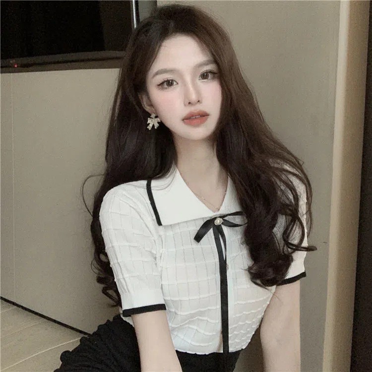 TA-32 เสื้อยืดไหมพรม แฟชั่นสำหรับผู้หญิง สีขาว ดำ คอกลม คอปก สไตล์เรียบ ...