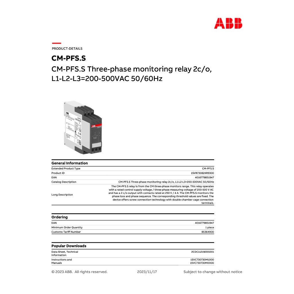 Ecotech Marine ABB Cm-PFS.S Three-Phase Voltage Monitoring Relay - 200 ...