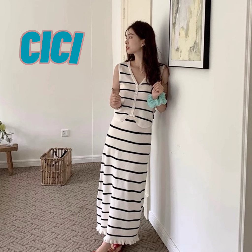 ส่งทันที Cici(NO. A1262-3)SET2ชิ้น เสื้อแขนกุด+กระโปรงยาว ผ้าไหมพรม กระดุมใช้งานได้จริง ผ้ายืด ...