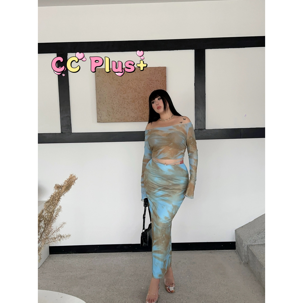 CiCi Plus+(3153)SET2ชิ้น เสื้อครอปเเขนยาวปาดไหล่+กระโปรงยาวแหวกหลังซีทรู ดีเทลเชือกผูกเอว สาวๆ ...
