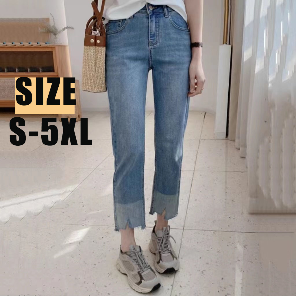 GHAOHES กางเกงยีนขากระบอก ตรง 👖 เอวสูง การออกแบบประกบ ลมเกาหลี กางเกงยีนส์ยืด | Shopee Thailand