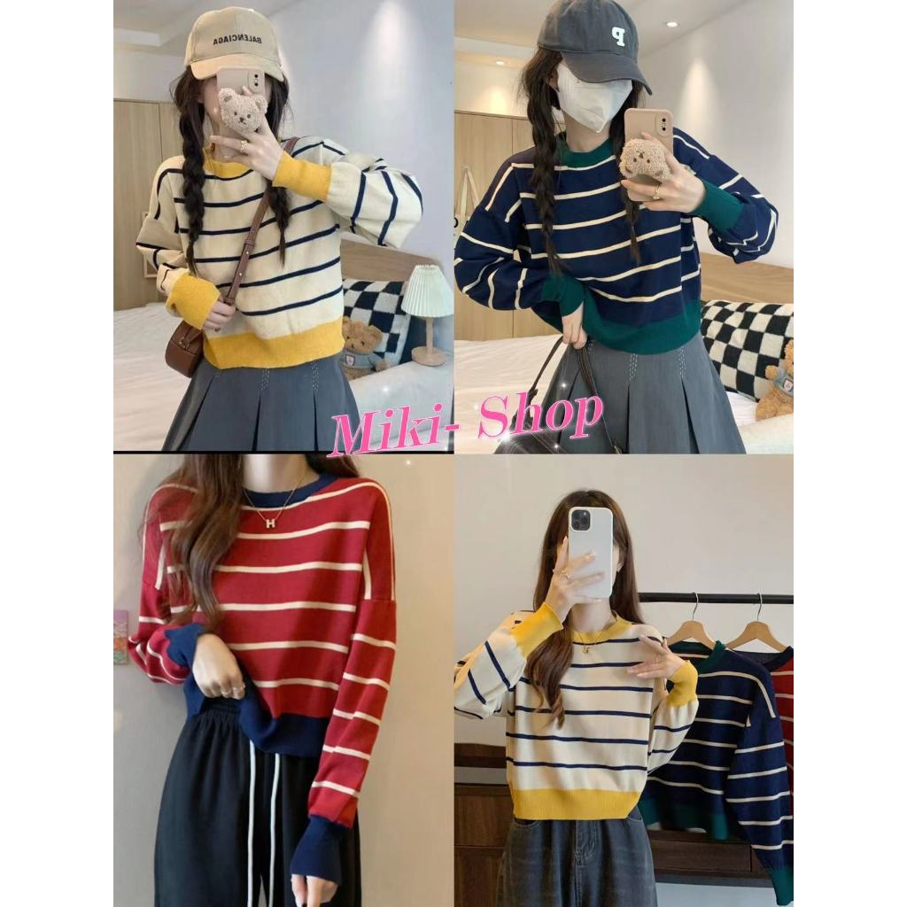💕Miki-Shop*พร้อมส่ง*เสื้อแขนยาวไหมพรม ทรงหลวมตัดสีแมทได้ทุกสไตล์ผู้หญิง ...
