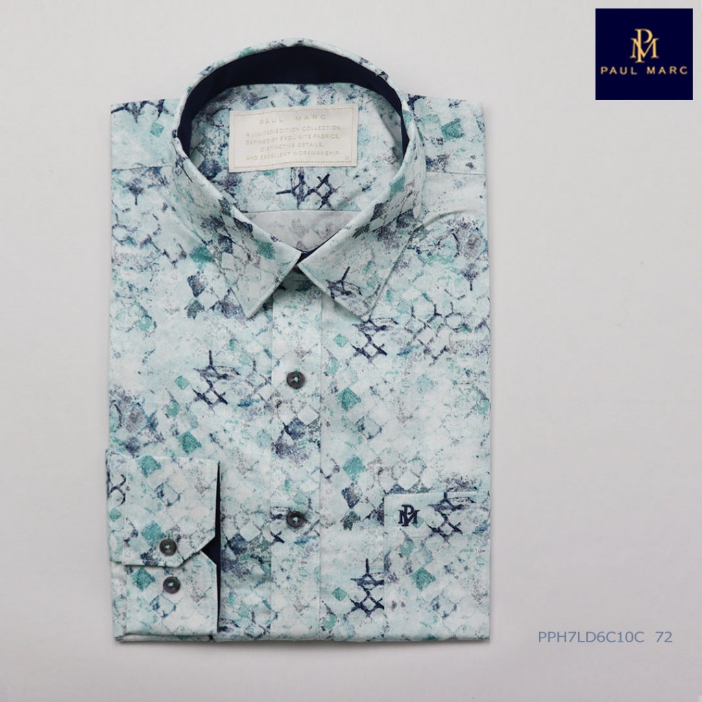 PAUL MARC เสื้อเชิ้ตพิมพ์ลายแขนยาว สีฟ้าเขียวพาสเทล slim fit ผ้านุ่ม ...
