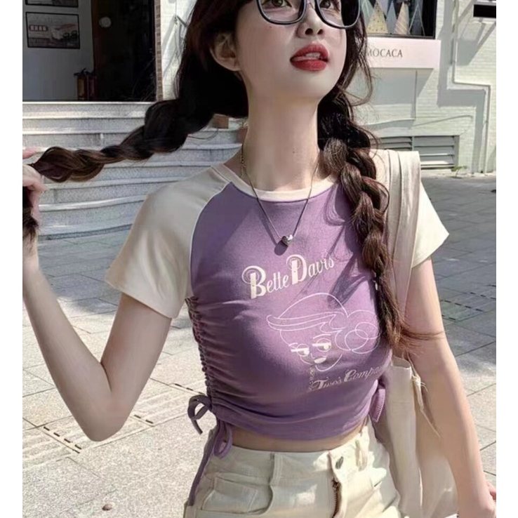 Yuki-CF0636 เสื้อไหมพรมแขนสั้น สีทูโทน ลาย Bette Davv แต่งดีเทลเชือกรูด ...