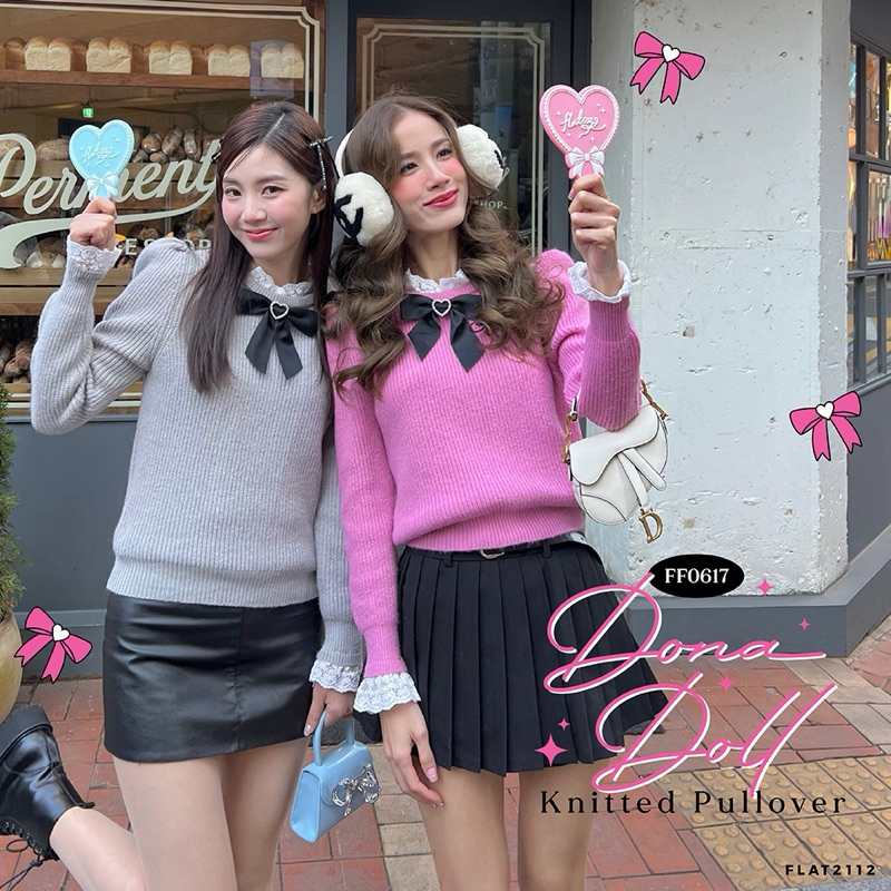 FLAT2112 FF0617 : DONA DOLL PULLOVER เสื้อไหมพรมแขนยาว มีเข็มกลัด ...