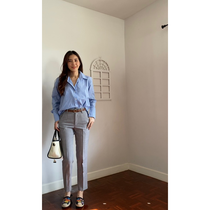 SH3 เสื้อเชิ้ตลายทางพรางหุ่น old moneyผ้าเริ่ดมากแม่ | Shopee Thailand