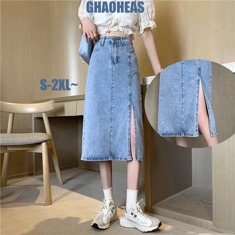 GHAOHES กระโปรง ยีน ส์ ยาว ผ่าข้าง เอวสูง ฮัน บรีซ สะดวกสบายและสง่างาม 3XL กระโปรงยีนส์ | Shopee ...