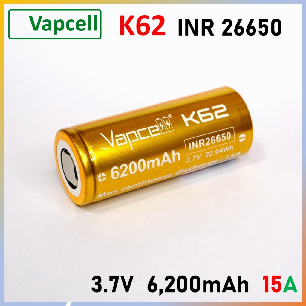 ถ่านชาร์จ26650 Vapcell K62 6,200mAh 15A ราคา 1 ก้อน ถ่านชาร์จ Li-ion 3.7V Vapcell แท้ 100% ...