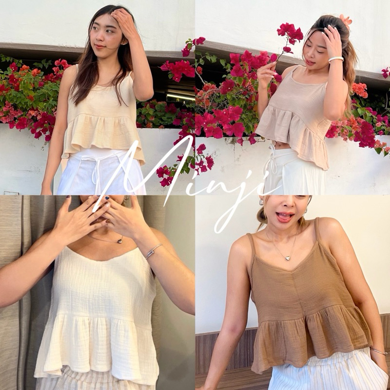 Minji top / เสื้อสายเดี่ยว ผ้าฝ้ายสาลู 3 ชั้น นิ่มนุ่ม สบายผิว เนื้อผ้ามีtexture | Shopee Thailand