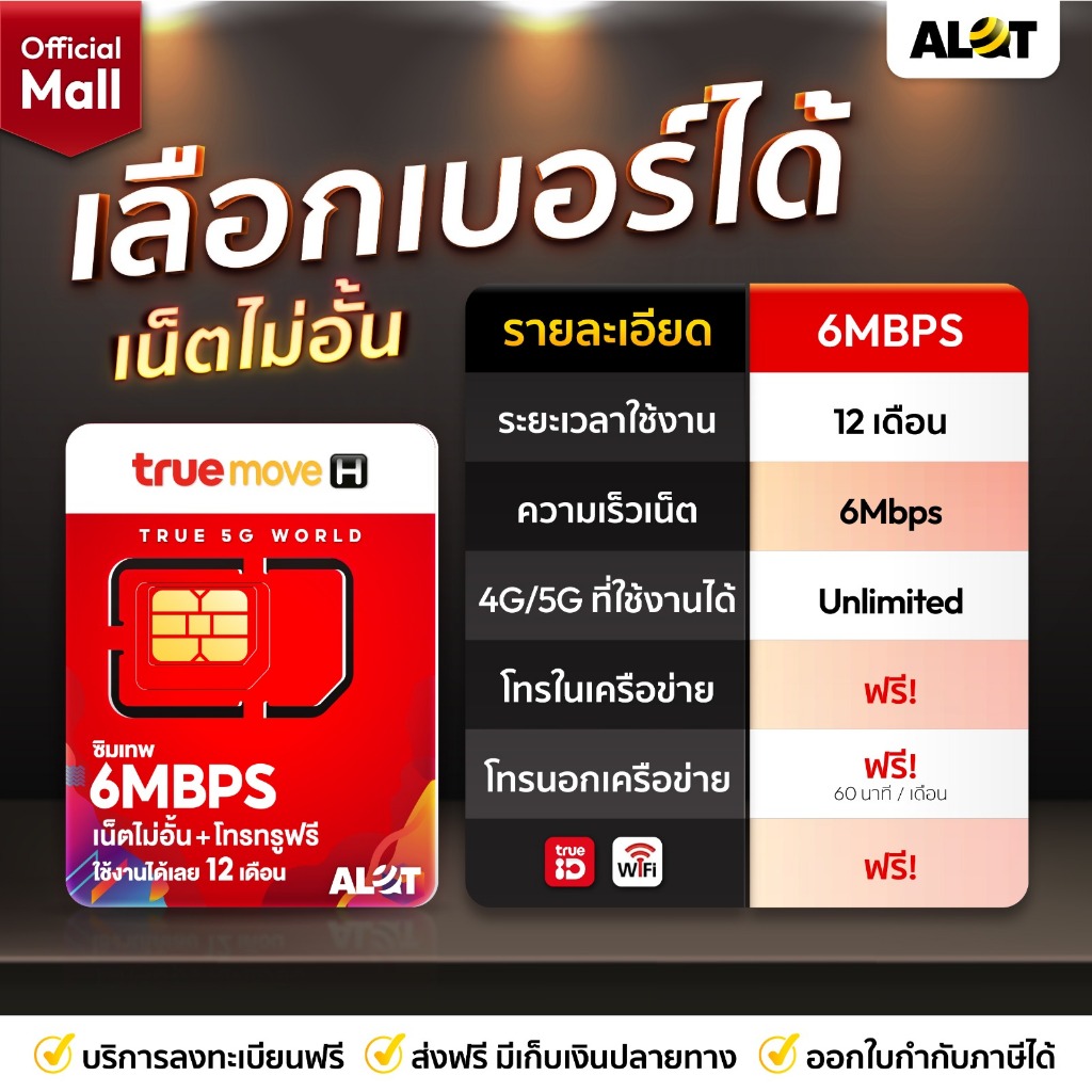 [ ส่งฟรี เลือกเบอร์ ชุด1 ] True 6Mbps ซิมเทพทรู Simทรู Simเทพ ใช้ได้ไม่อั้น 1 ปี ไม่ลดสปีด ...
