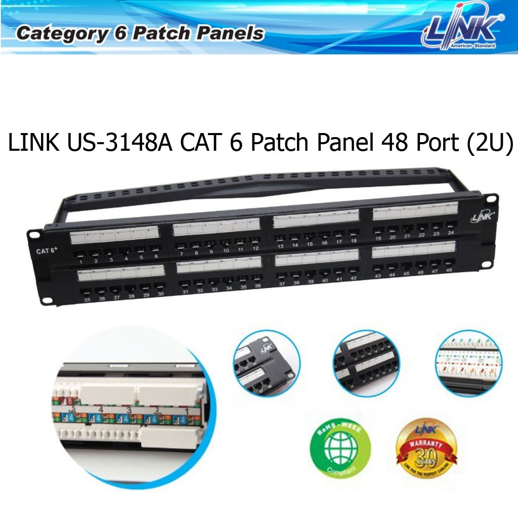 LINK US-3148A CAT 6 Patch Panel 48 Port (2U) with Management, Dust ...