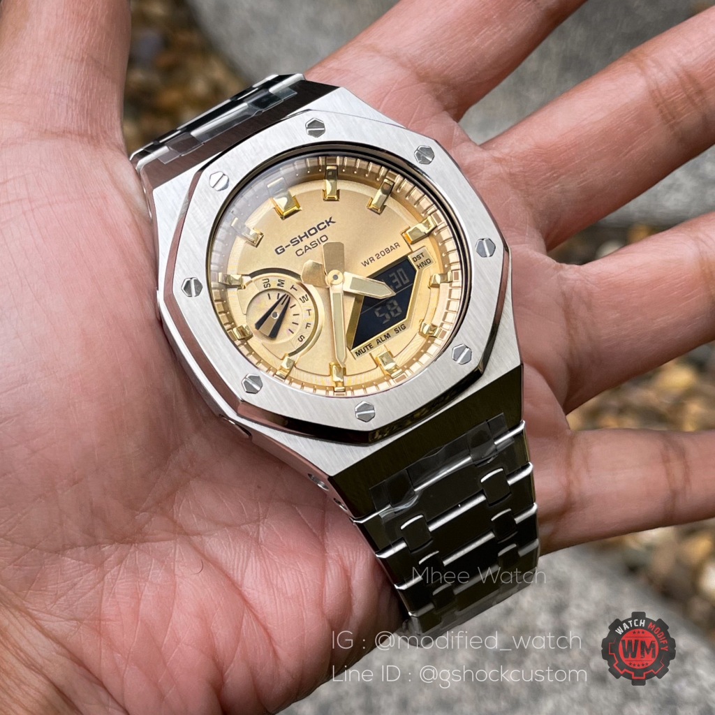 G-Shock Casioak Custom AP Style Golden Dial Full Silver Metal Bezel and ...