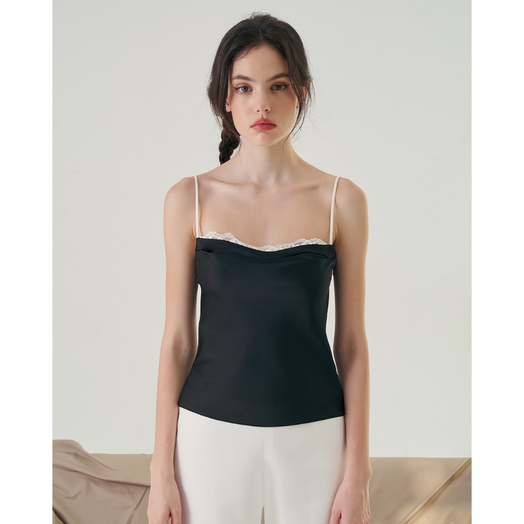 Patcha.co - Flora Satin Camisole with Lace in Black สายเดี่ยวผ้าซาติน ดีเทลลูกไม้ตรงอก สีดำ ...