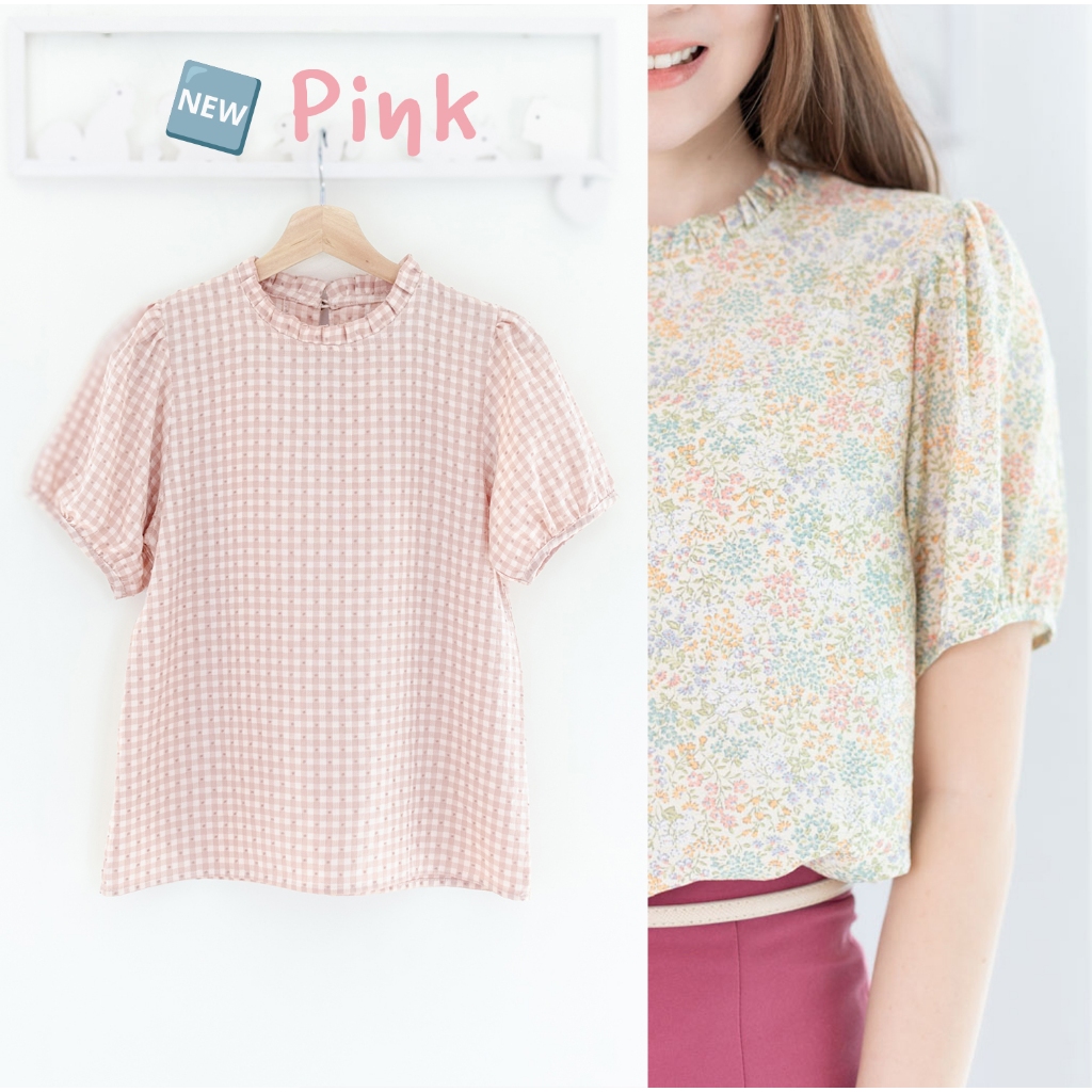 Narinari : MT2710 Ruff Collar Textured Gingham Blouse เสื้อทำงานแขนสั้น ...