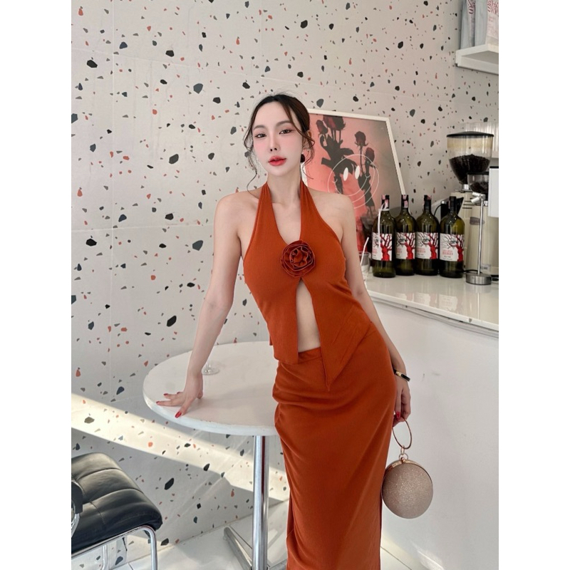 poshie(1229) peipi set ชุดเซ็ท2ชิ้น เสื้อแต่งกุหลาบที่อกและกระโปรงยาว ...