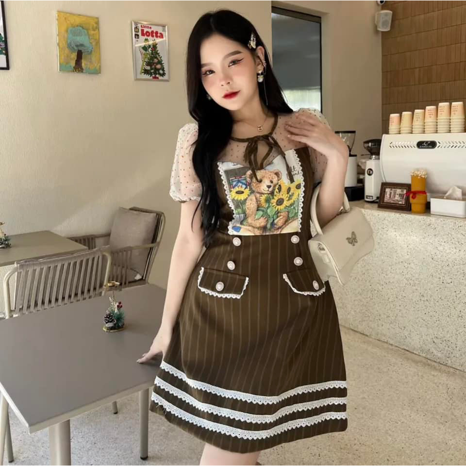 MYT x BELLITA BRAND : [BT284] : มินิเดรสน้ำตาลลายน้องหมีทานตะวัน | Shopee Thailand