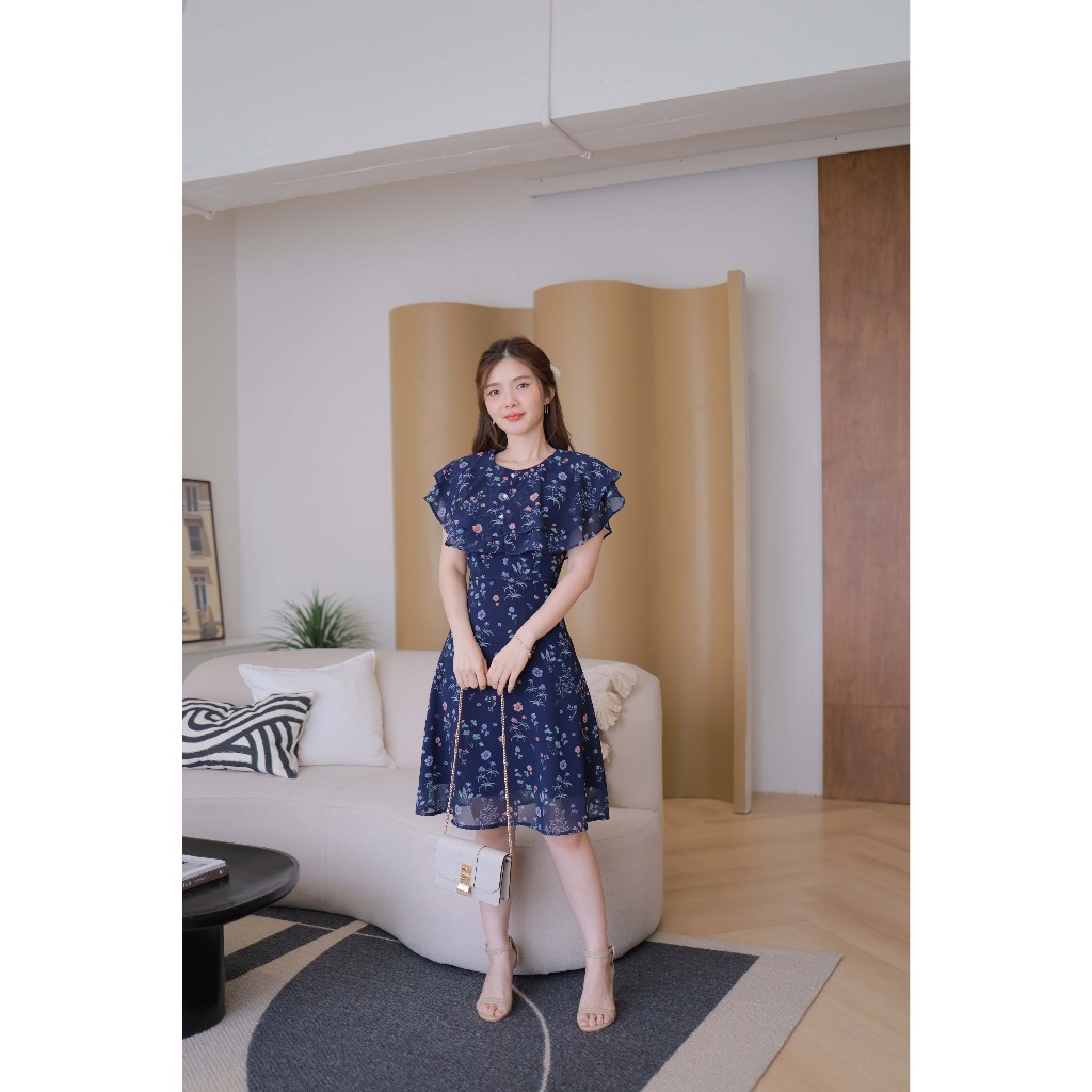 G268 ชุดเดรสสีกรม (ชีฟองคลุมไหล่แต่งกระดุมมุก) | Shopee Thailand