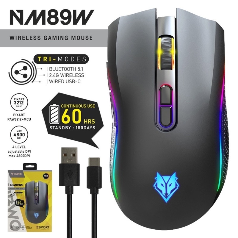 เมาส์เกมมิ่งไร้สาย NUBWO รุ่น NM-89W Wireless Gaming Mouse USB Wireless ,Bluetooth 5.1 มีไฟ RGB ...