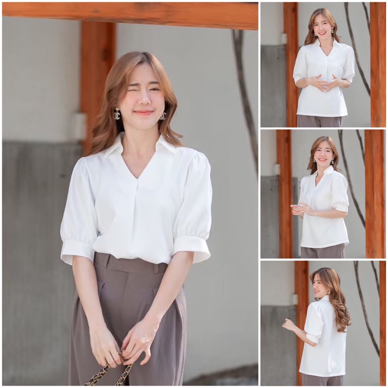 เสื้อคอวีปก ทรงแขนสามส่วนแต่งดีเทลแขนพอง #L154SHOP_w016 | Shopee Thailand