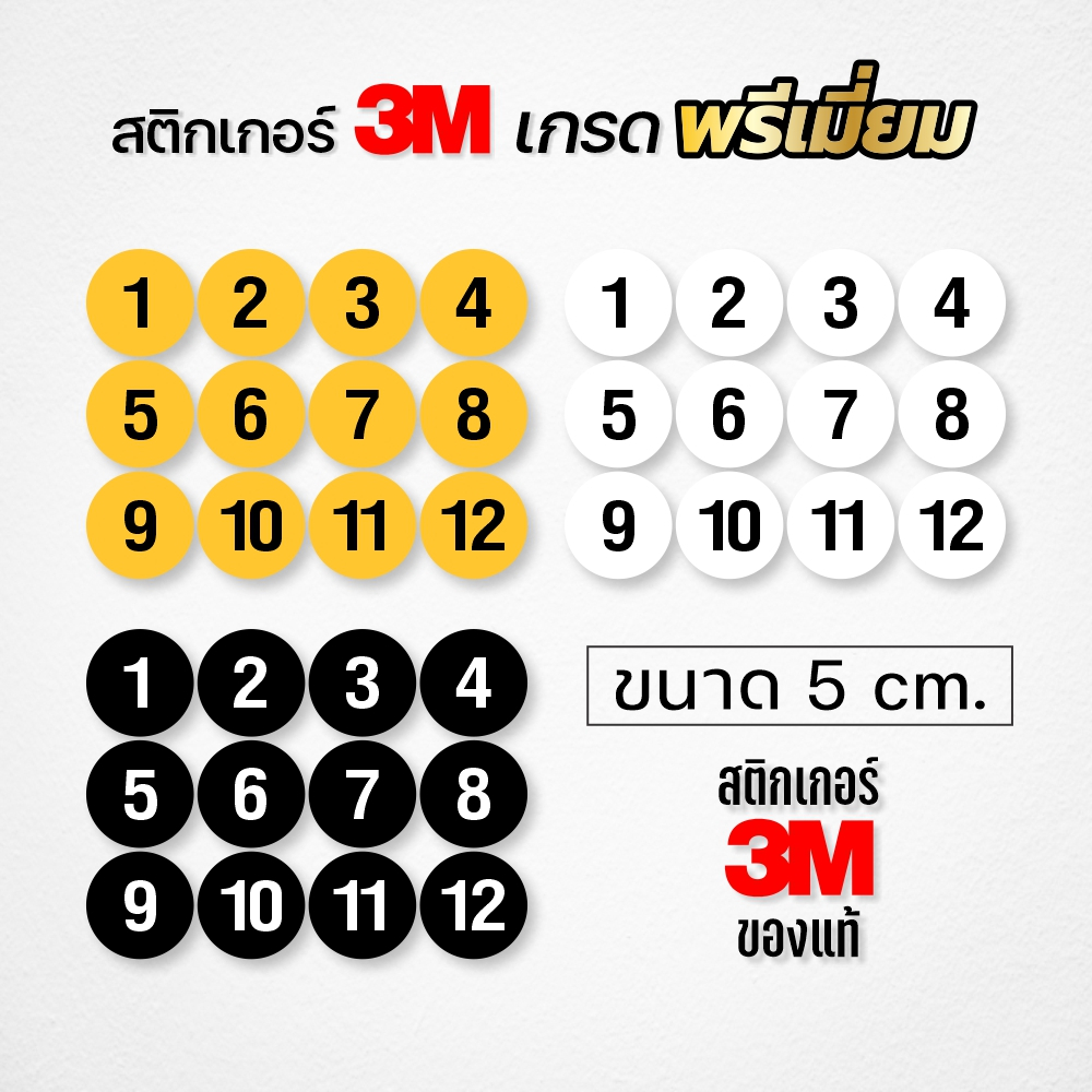 (ขนาด 5x5 cm.) สติกเกอร์เลขวงกลม สติกเกอร์ 3M คุณภาพสูง กันน้ำ ทนรอยขีดข่วน (ชุดละ 12 ตัวเลข ...