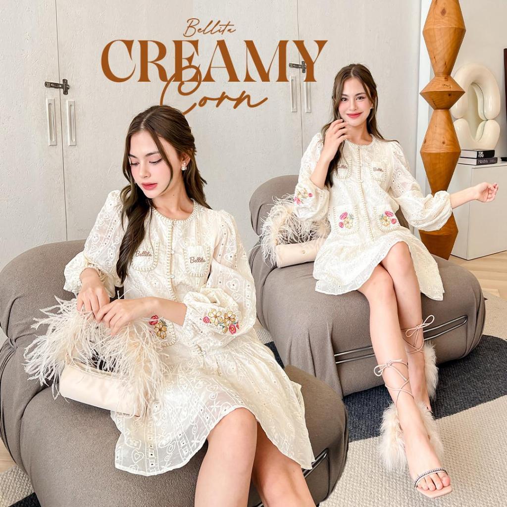 J535 BELLITA BRAND มินิเดรสครีมลายฉลุแขนจั๊ม | Shopee Thailand