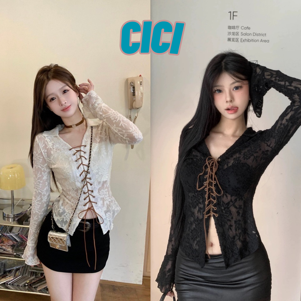 Cici(NO. Y6011)เสื้อแขนยาวคอปก แขนกระดิ่ง พิมพ์ลายลูกไม้เข้ารูป | Shopee Thailand