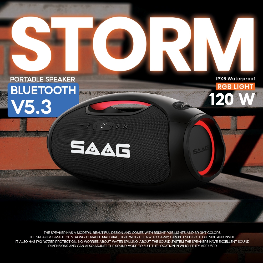 SAAG Bluetooth Speaker Storm ลำโพงบลูทูธ กันน้ำ ไฟRGB เบสแน่น ลำโพงพกพา ประกันสินค้า1ปี ลำโพงกัน ...
