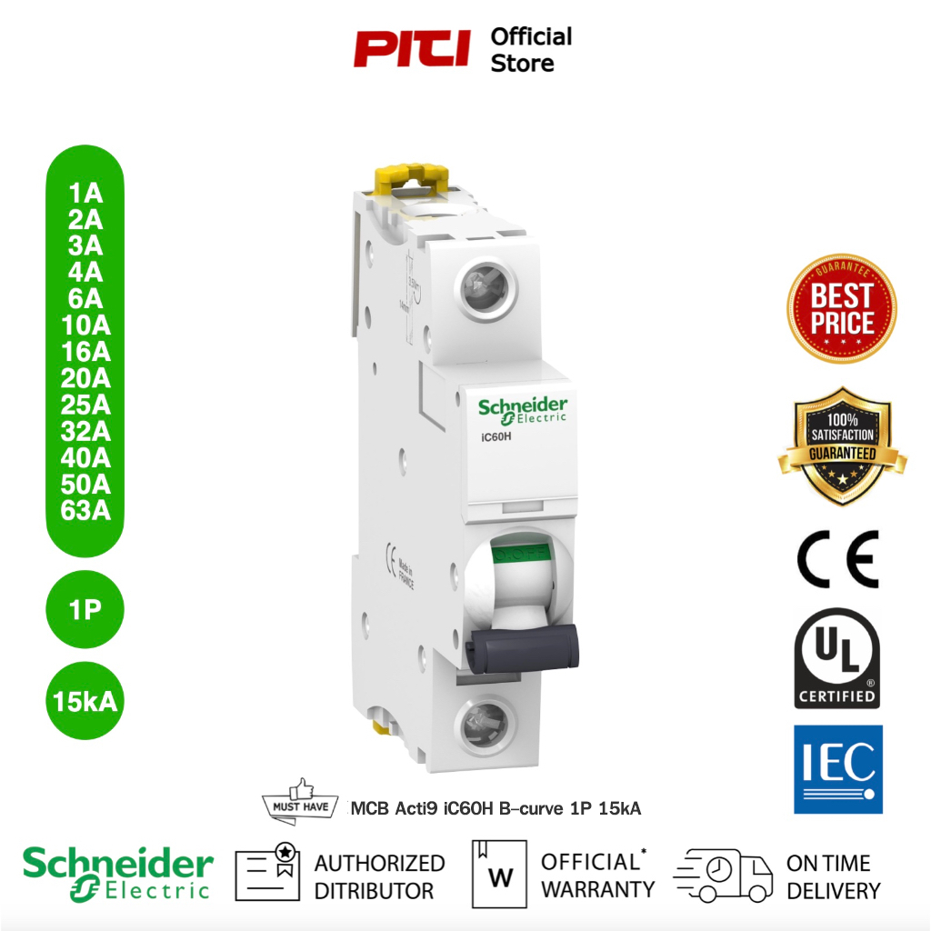 Schneider MCB A9F83120 20A 1P 15kA iC60H B-curve Acti9 Miniature Circuit Breaker เซอร์กิต ...