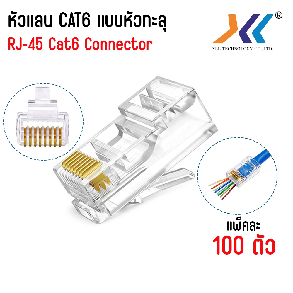 หัวแลน CAT6 RJ45 หัวทะลุ (Pass Through) ถุง 100 ชิ้น สำหรับเข้าหัวสาย ...